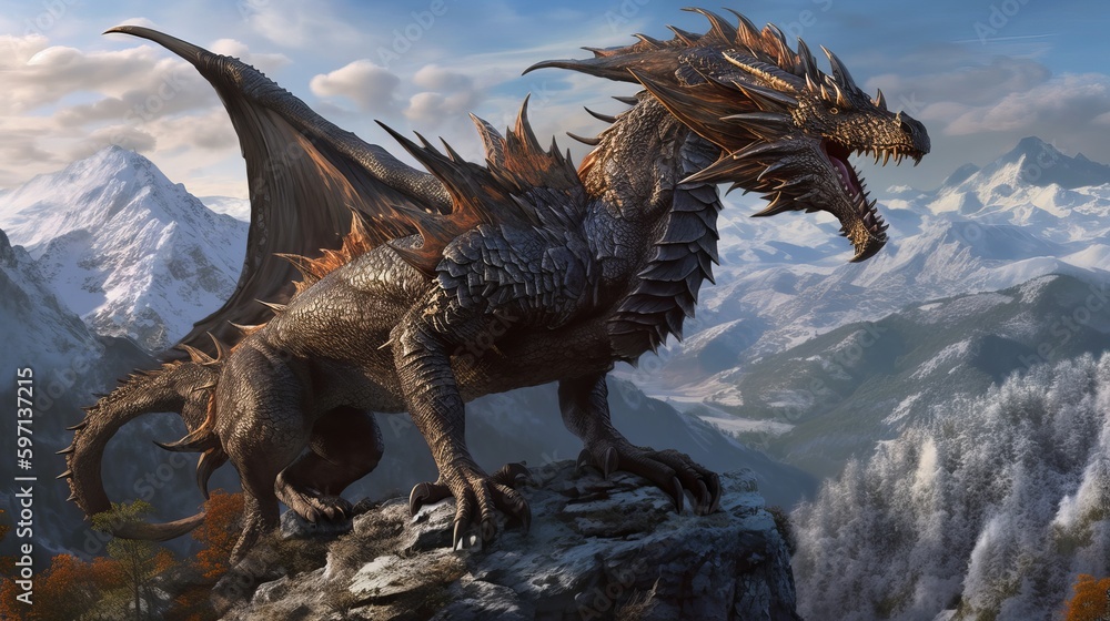 colossal, ancient dragon perches on a mountaintop, with a vast ...