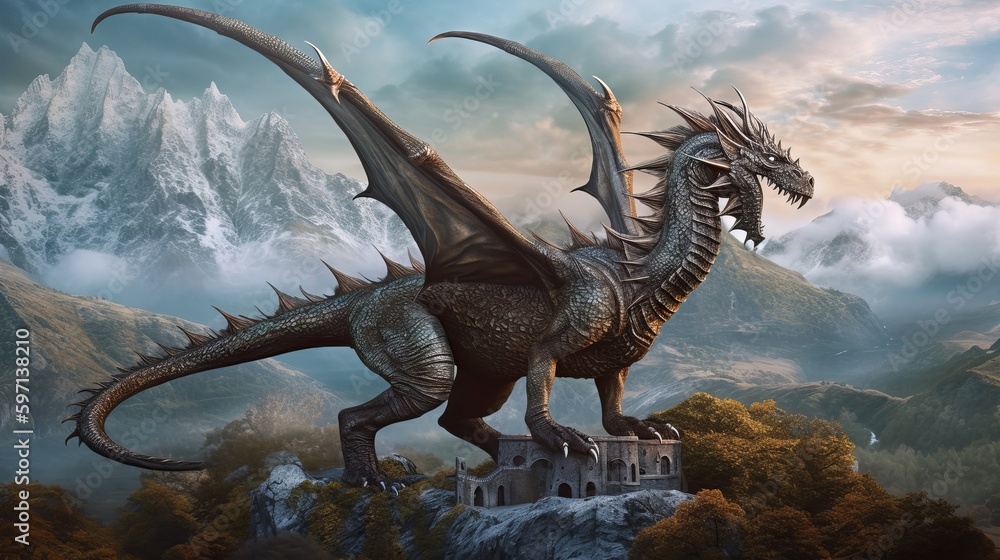 colossal, ancient dragon perches on a mountaintop, with a vast ...