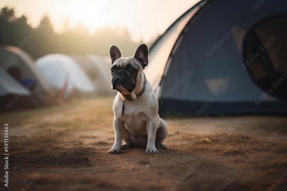 Lifestyle portrait photography of a curious french bulldog camping ...