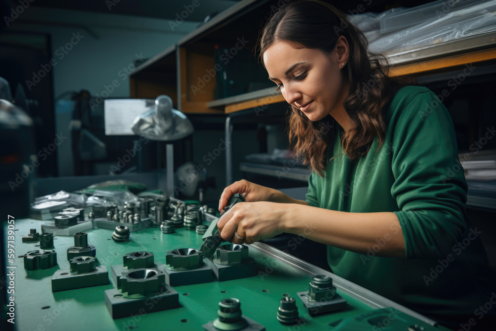 Female assembly worker assembling metal injection molding tools at a ...