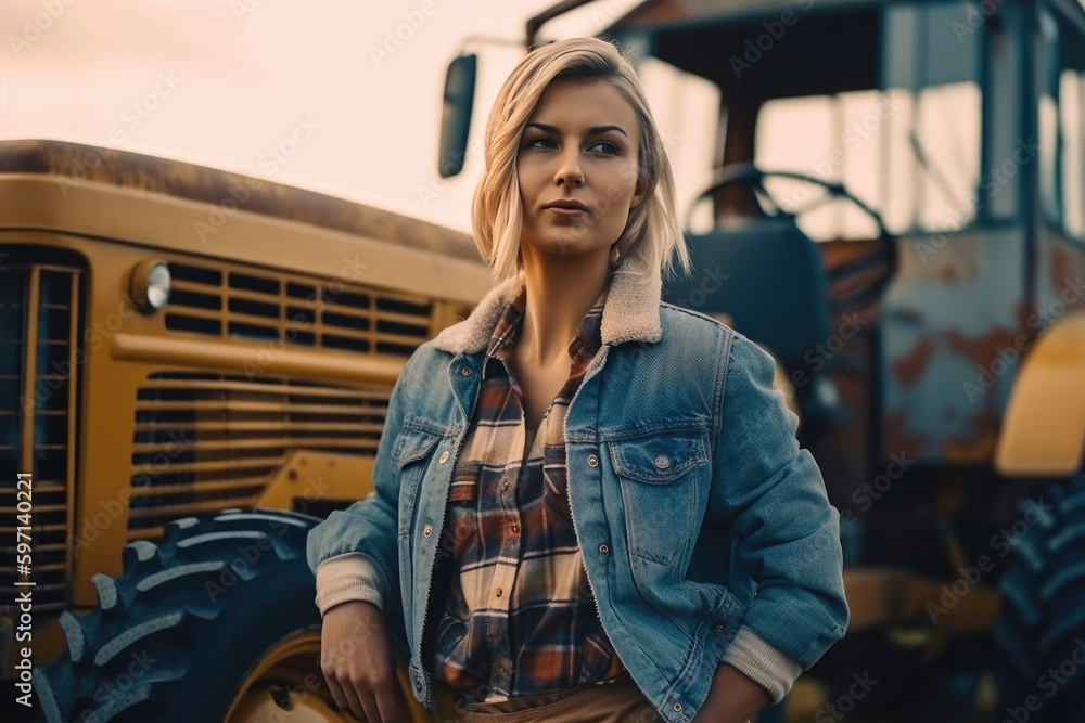 Portrait of a beautiful farmer woman in against the background of a ...