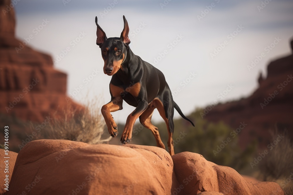 Full-length portrait photography of a happy doberman pinscher jumping ...