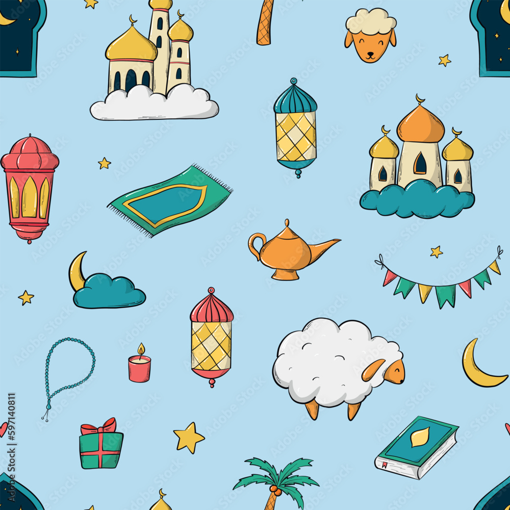 Islamic Eid al Adha (feast of sacrifice) seamless pattern with doodles ...