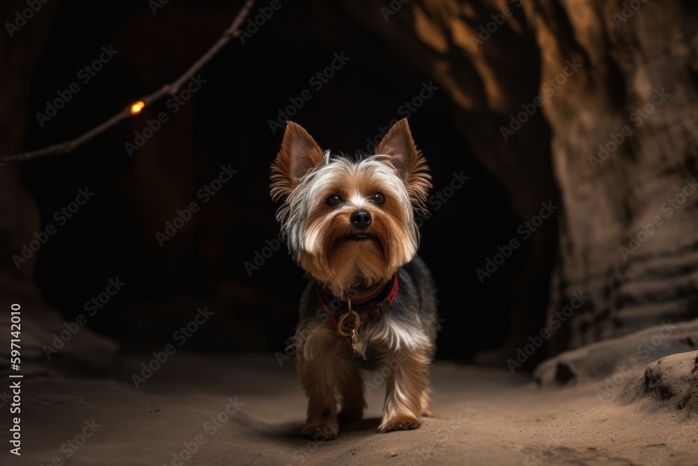 Full-length portrait photography of a scared yorkshire terrier walking ...
