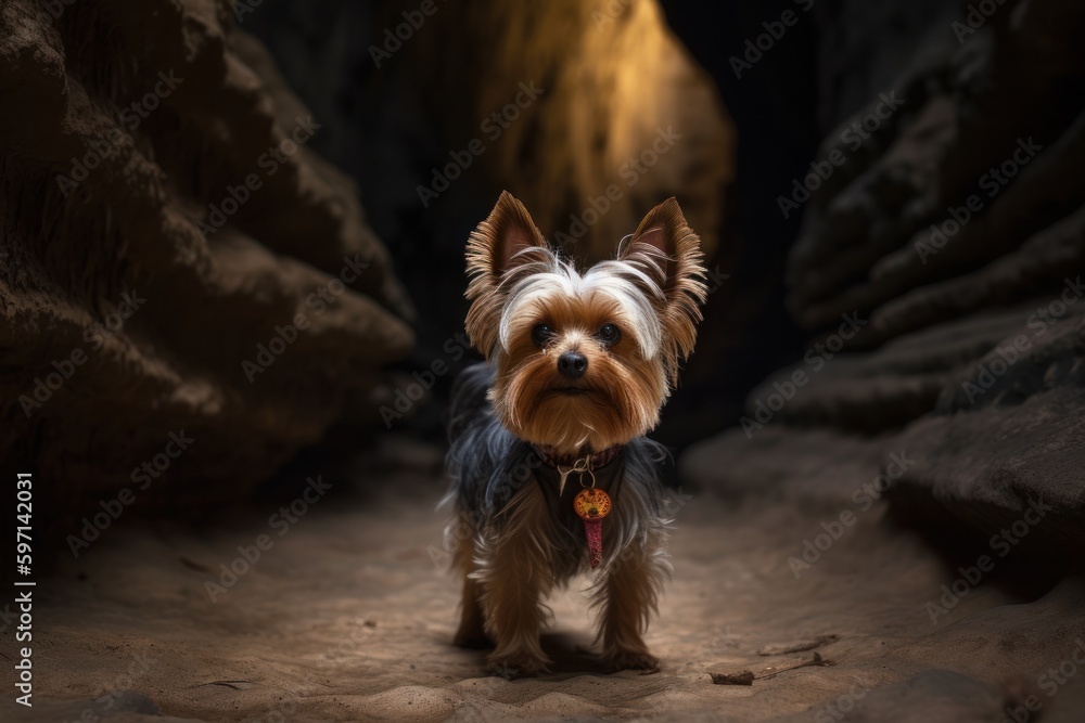 Full-length portrait photography of a scared yorkshire terrier walking ...