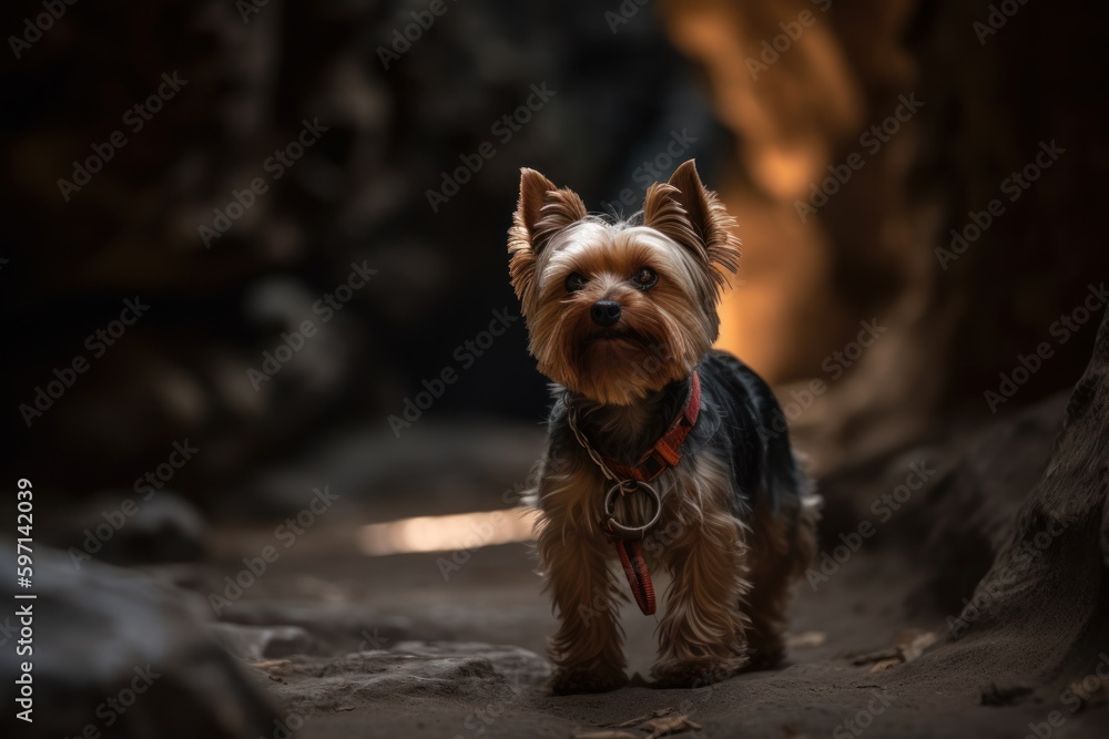 Full-length portrait photography of a scared yorkshire terrier walking ...