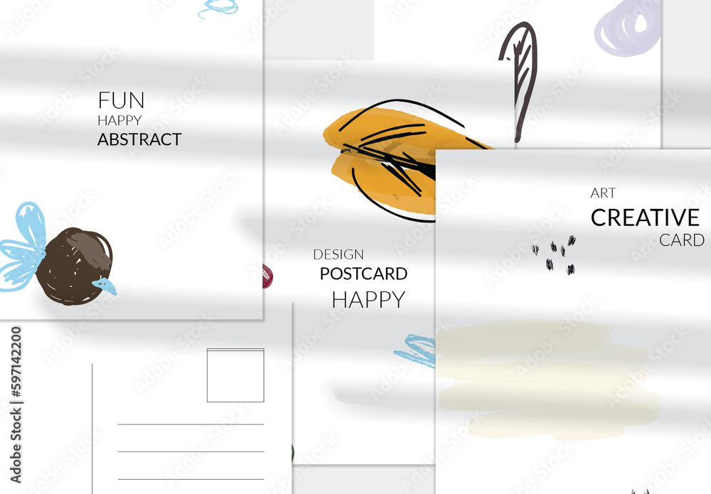 Postcard Layout with Hand Drawn Abstract Floral Doodles and Geometric ...