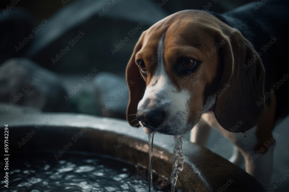 Lifestyle portrait photography of an aggressive beagle drinking from a ...