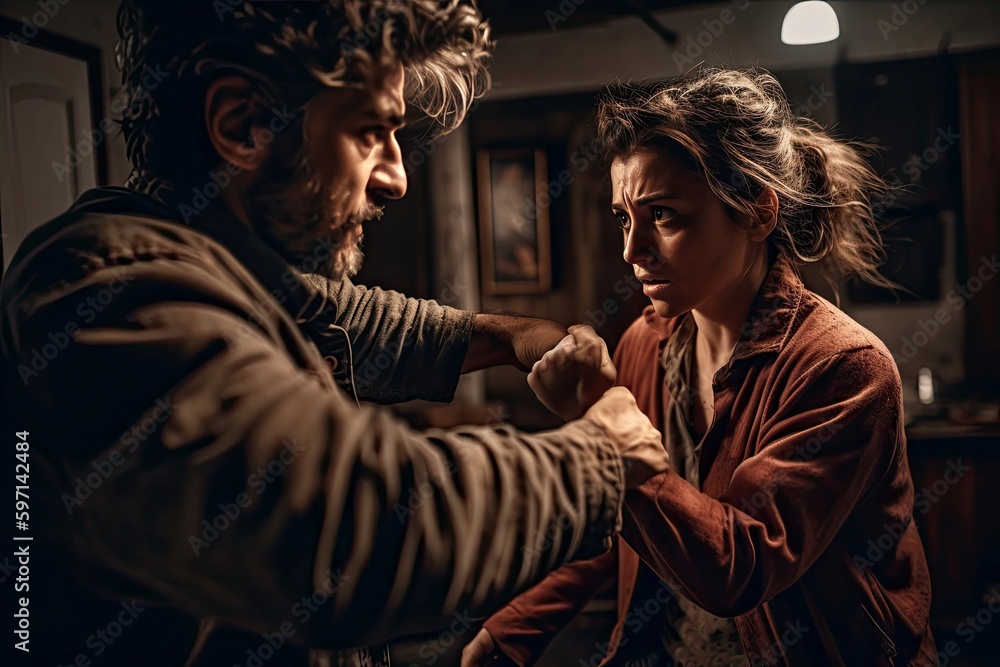 Domestic violence Scenes: A drunk husband holds the wrist, of his ...