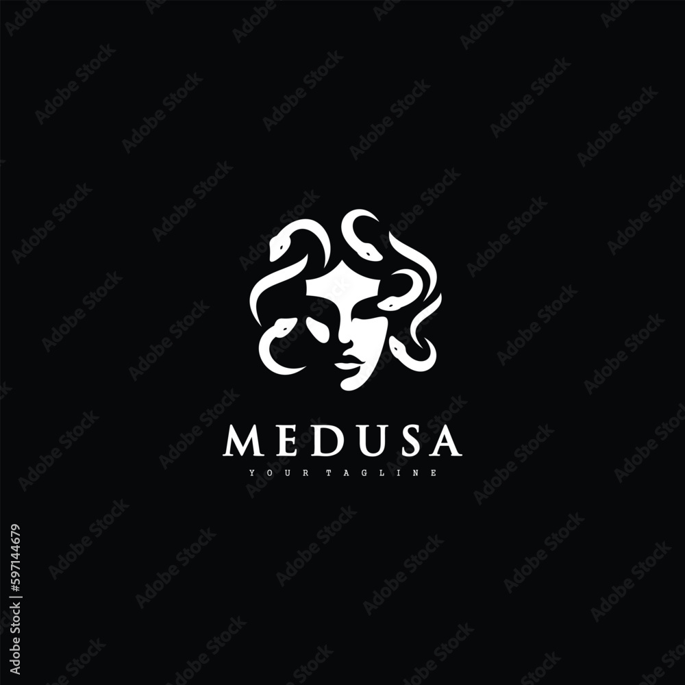 Medusa logo. Vector illustration of medusa face and snake hair on black ...
