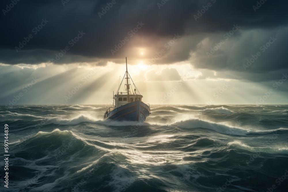 Breathtaking photography of a fishing boat on a stormy sea with ...