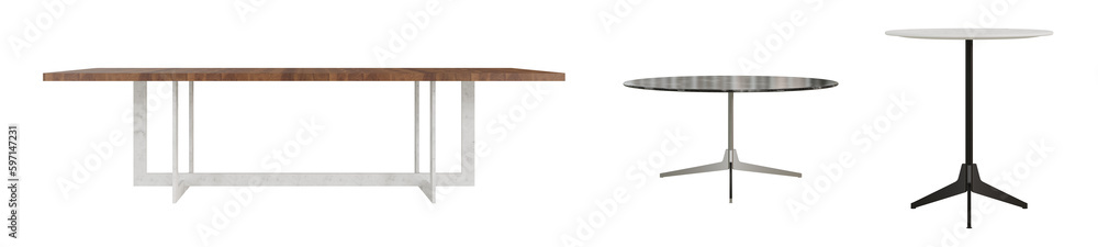 Set of table furniture on transparent background, interior design, 3d ...