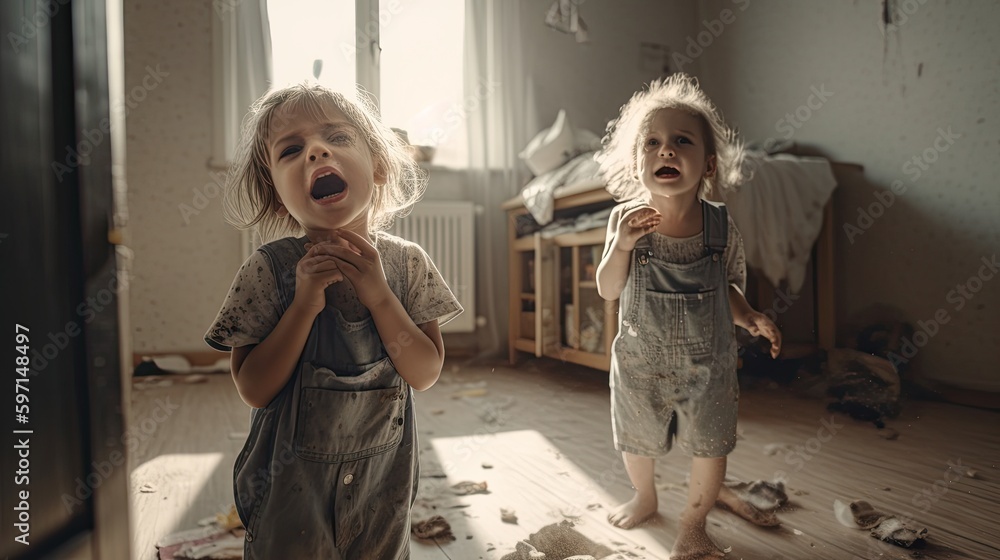 Crying sad children in dirty cluttered apartment, children from ...