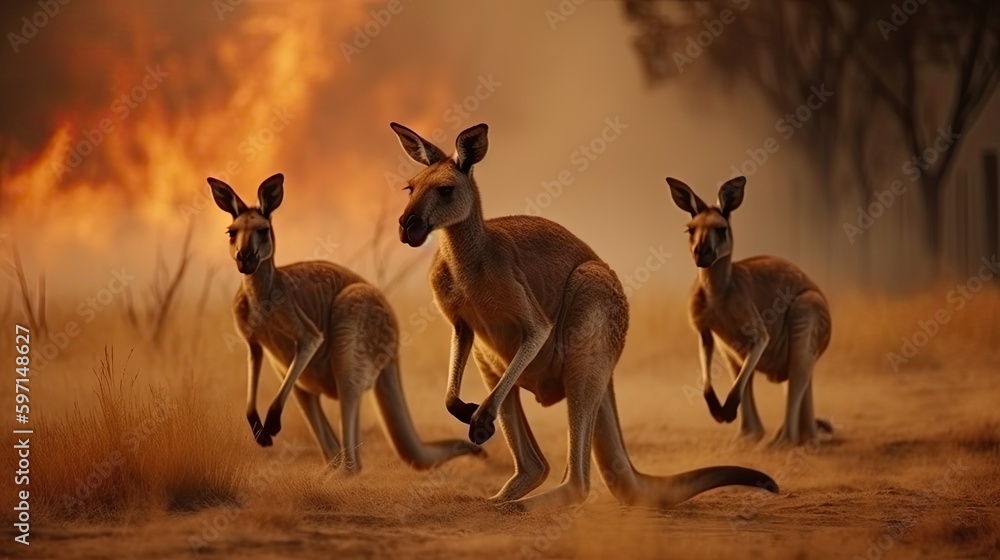 Scared kangaroo family runs away from grassland fire, largest prairie ...