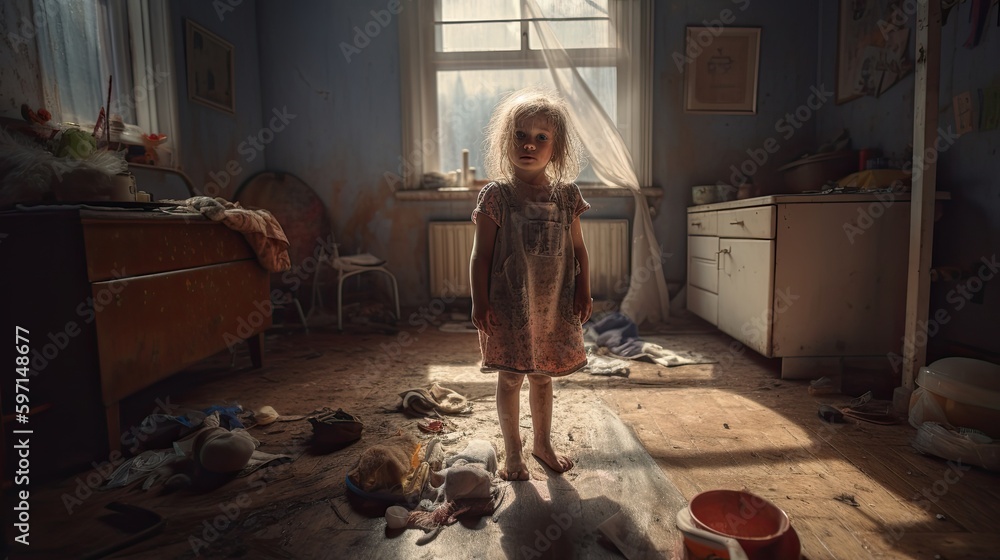 Crying sad girl in dirty cluttered apartment, child from dysfunctional ...