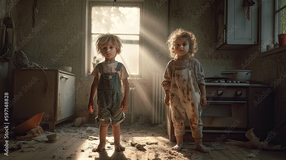 Crying sad children in dirty cluttered apartment, children from ...