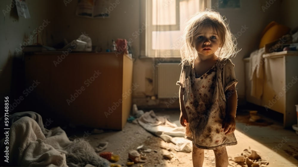 Crying sad girl in dirty cluttered apartment, child from dysfunctional ...