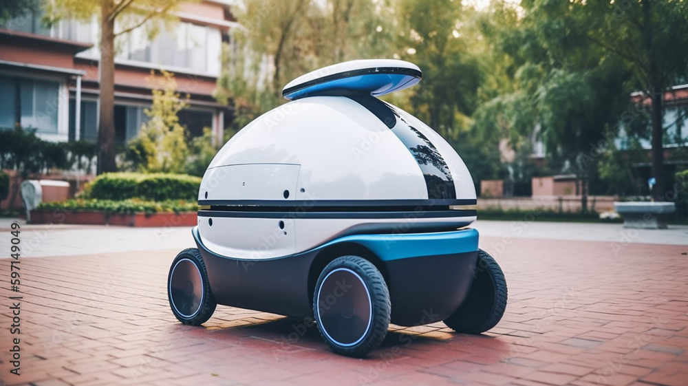 A delivery robot is driving on the sidewalk. Autonomous logistic ...