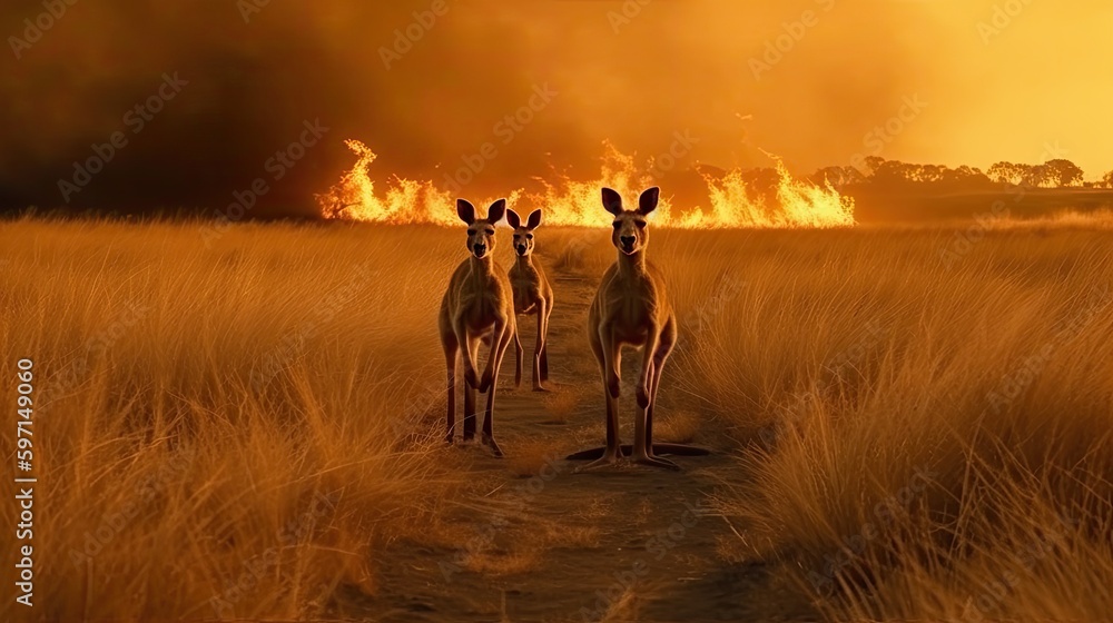 Scared kangaroo family runs away from grassland fire, largest prairie ...