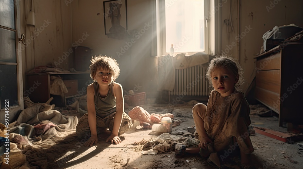 Crying sad children in dirty cluttered apartment, children from ...