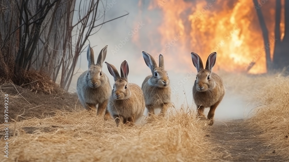 Scared rabbits family runs away from grassland fire, largest prairie ...
