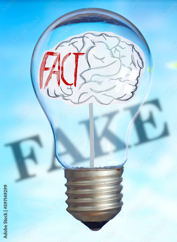 Poster fake news concept with human brain inside of Light bulb and ...