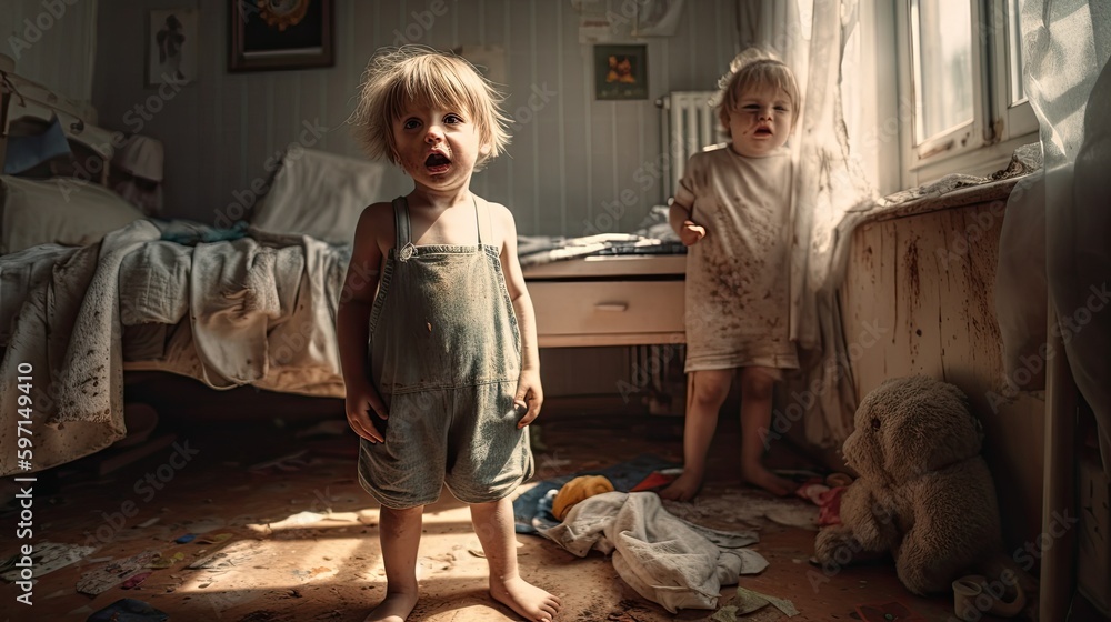Crying sad children in dirty cluttered apartment, children from ...