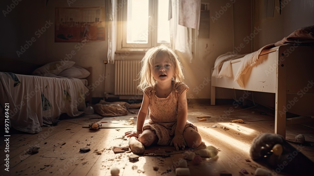 Crying sad girl in dirty cluttered apartment, child from dysfunctional ...