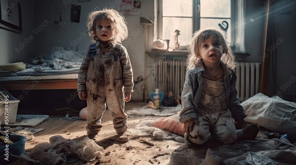Crying sad children in dirty cluttered apartment, children from ...