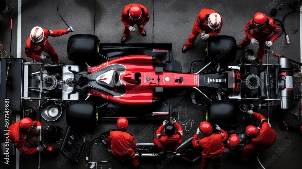 Formula 1, racing car at pit stop, maintenance technical team ...