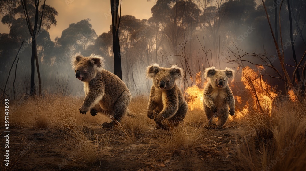 Scared koalas family runs away from grassland fire, largest prairie ...