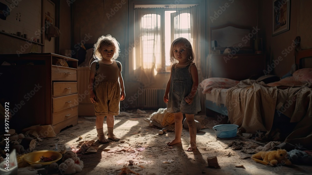 Crying sad children in dirty cluttered apartment, children from ...
