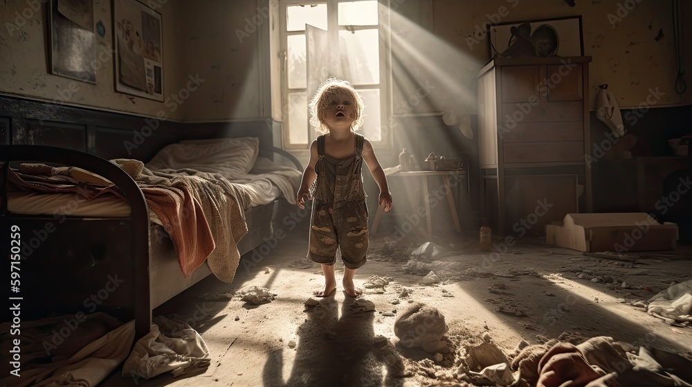 Crying sad boy in dirty cluttered apartment, child from dysfunctional ...