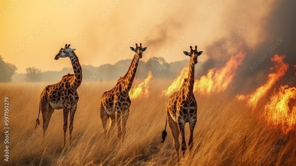 Scared giraffes family runs away from grassland fire, largest prairie ...