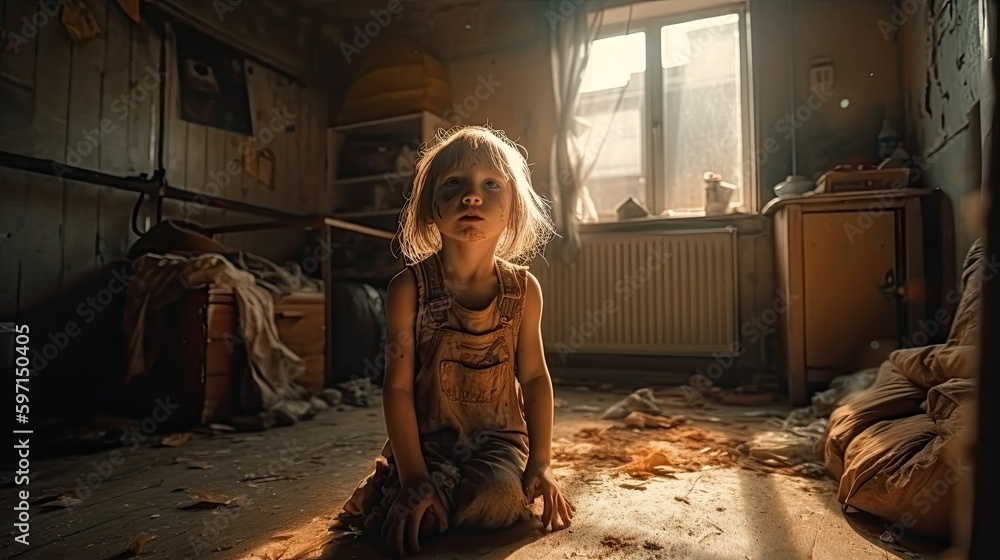 Crying sad girl in dirty cluttered apartment, child from dysfunctional ...