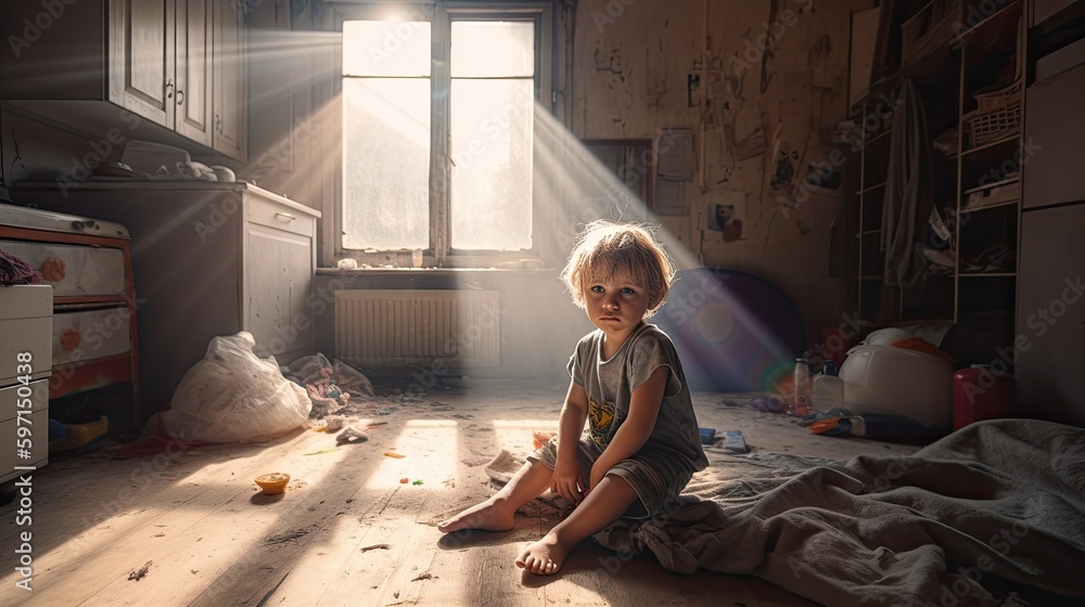 Crying sad boy in dirty cluttered apartment, child from dysfunctional ...