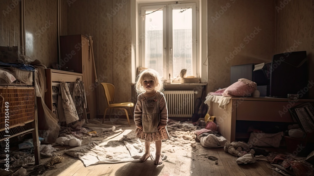 Crying sad girl in dirty cluttered apartment, child from dysfunctional ...