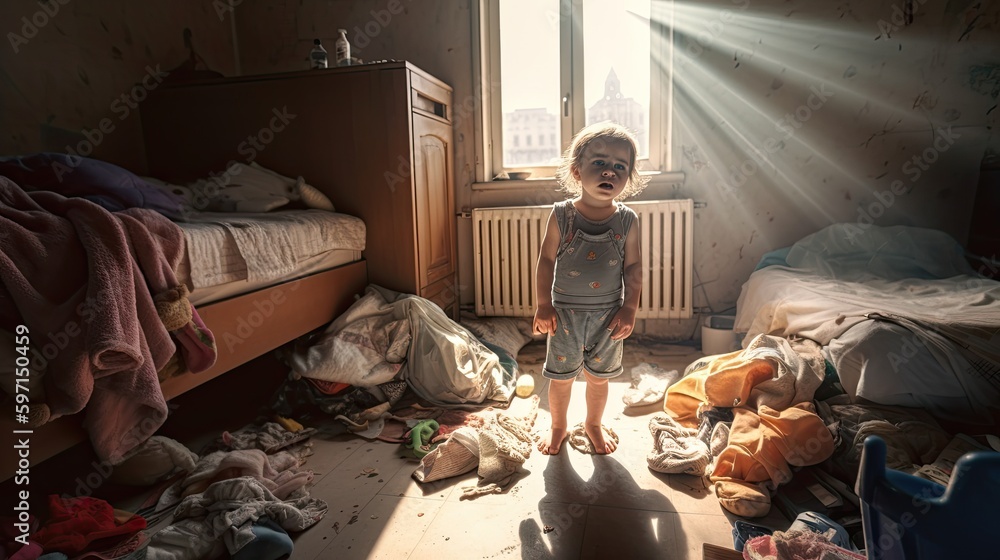 Crying sad girl in dirty cluttered apartment, child from dysfunctional ...