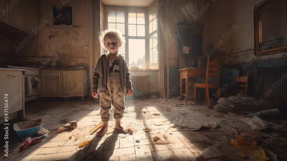 Crying sad boy in dirty cluttered apartment, child from dysfunctional ...