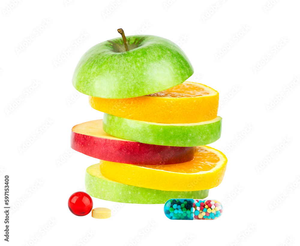 Vitamins. Fruits. Stack of fruits isolated on transparent background ...