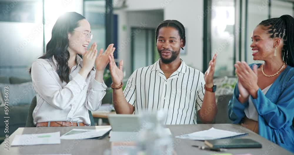 Tablet, business people and applause in office to celebrate goals ...