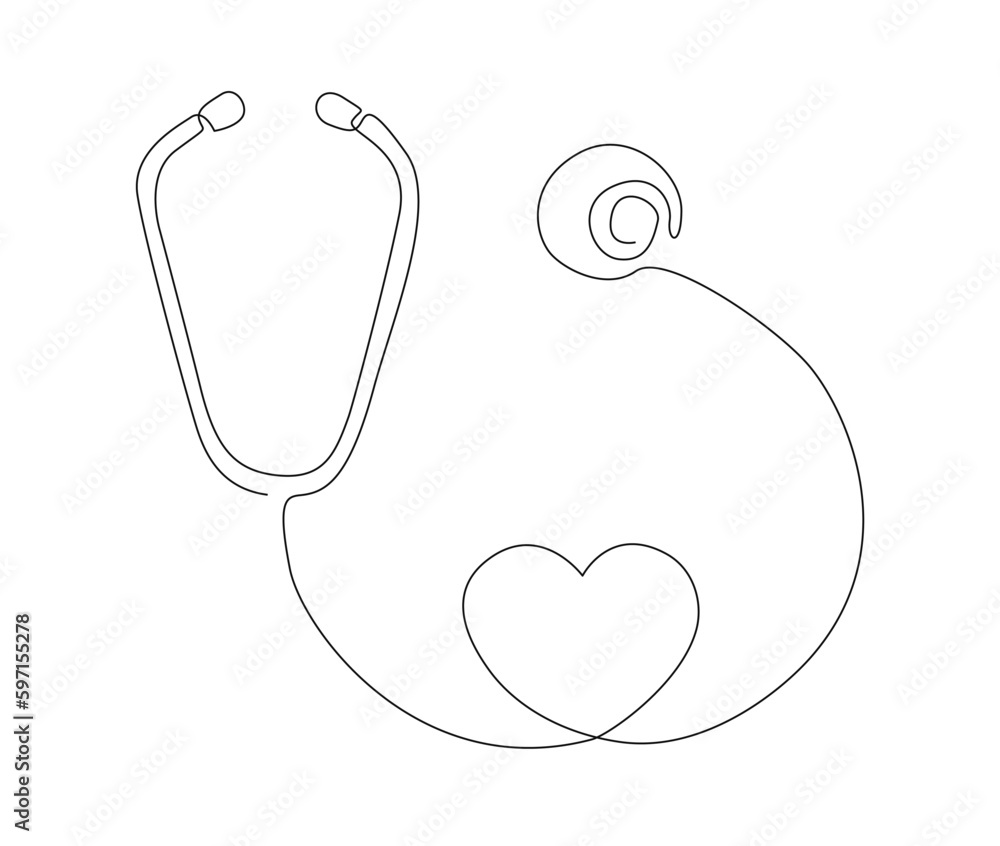 Continuous line art drawing of stethoscope. Stethoscope shapped love ...