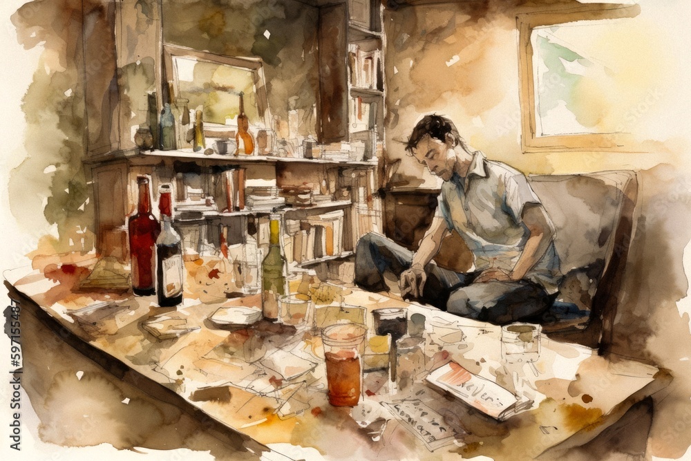 Drinking Habit - Drunk Husband in a Young Family Concept: A watercolor ...