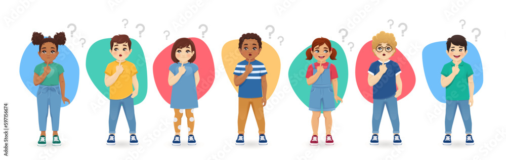 Cute little kids boys and girls thinking with question marks set ...