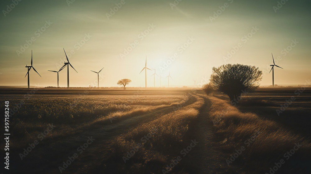 Crops field with wind farm turbines in the background, windmill ...
