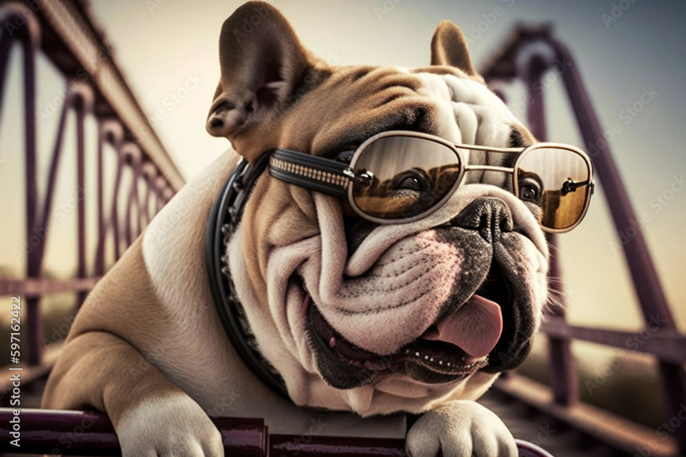 Generative AI of funny bulldog enjoying a ride on a rollercoaster ...