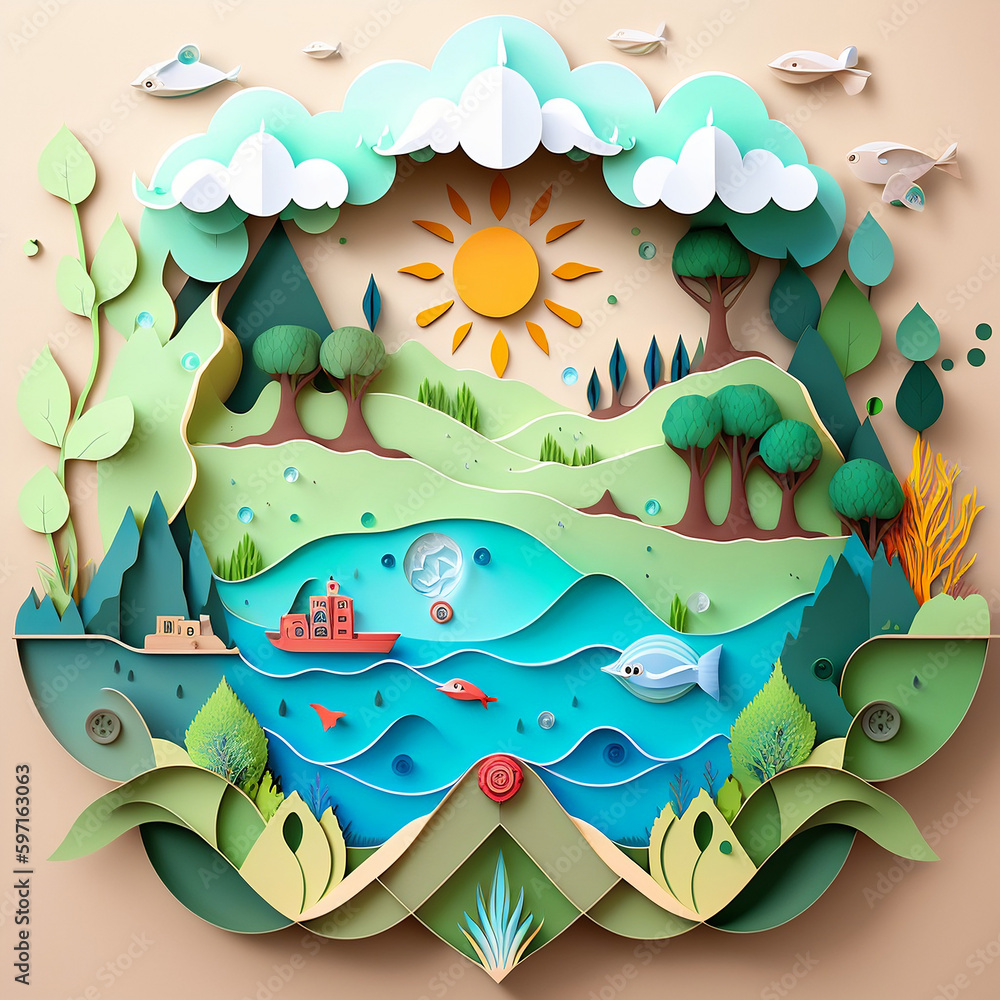 Paper art , Ecology and world water day , Saving water and world ...