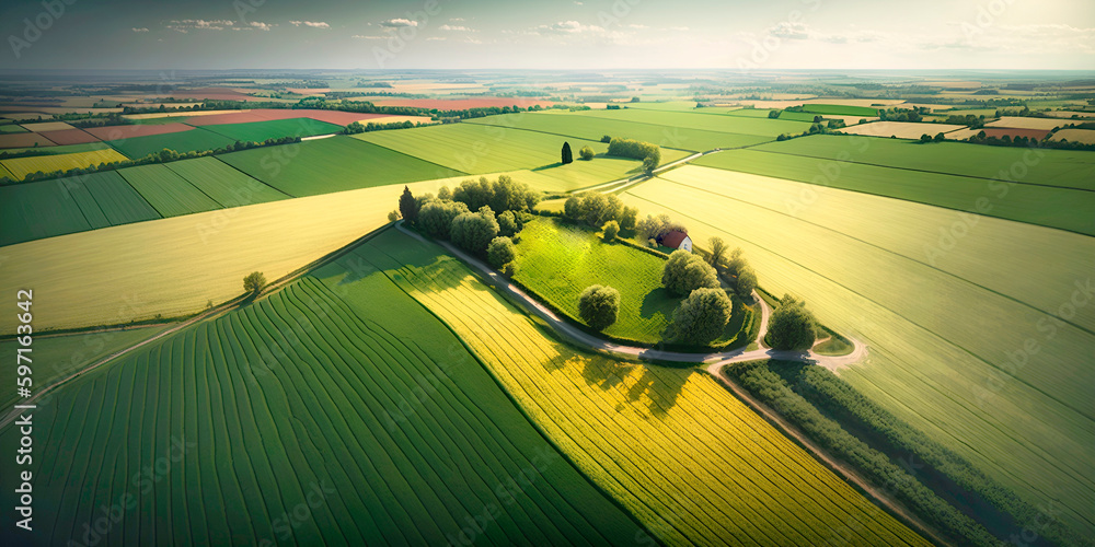Aerial drone acres of green fields stretching for. Sunny landscape ...
