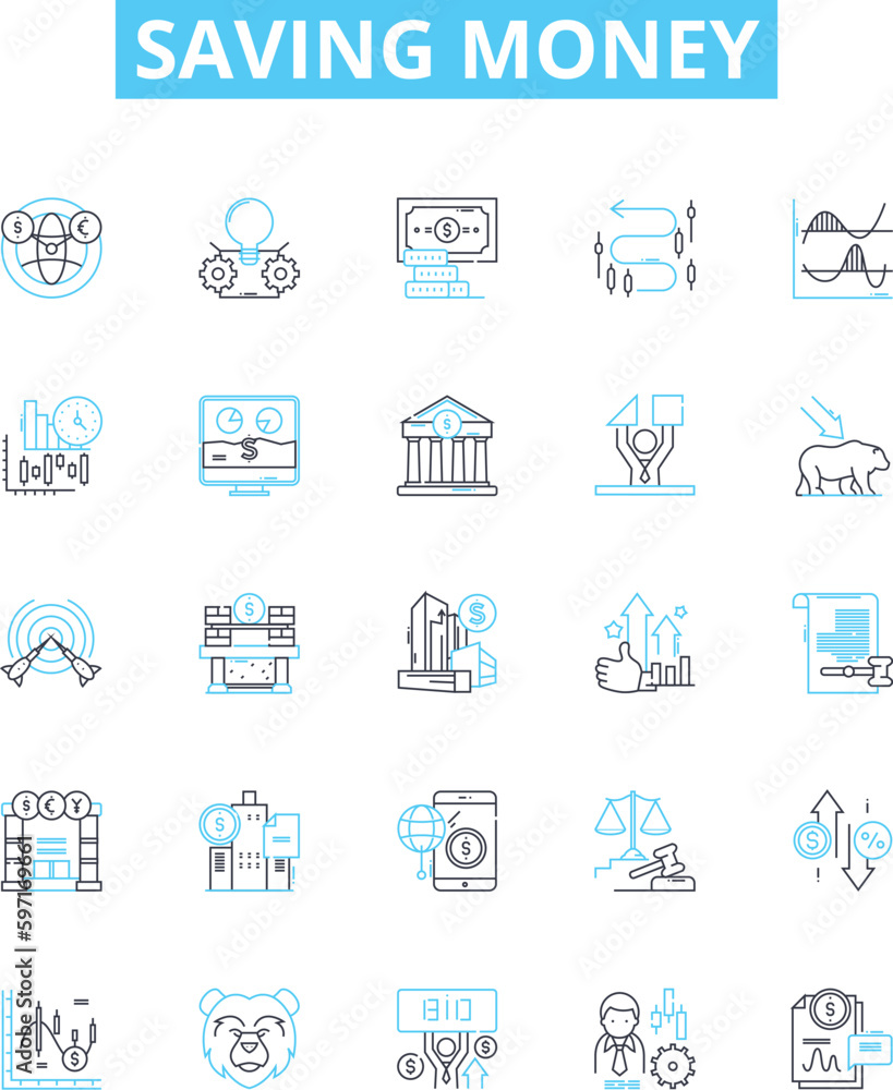 Saving money vector line icons set. Frugal, Budgeting, Investing ...