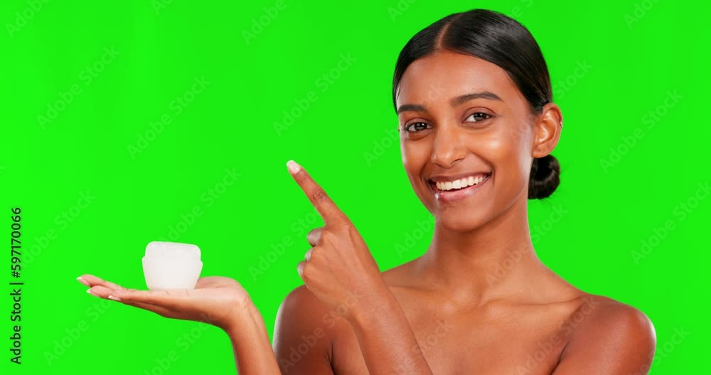 Vidéo Stock Skincare, lotion and a woman pointing on a green screen ...